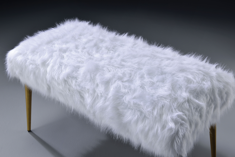 Bagley II White Faux Fur & Gold Bench | LasVegasFurnitureOnline.com