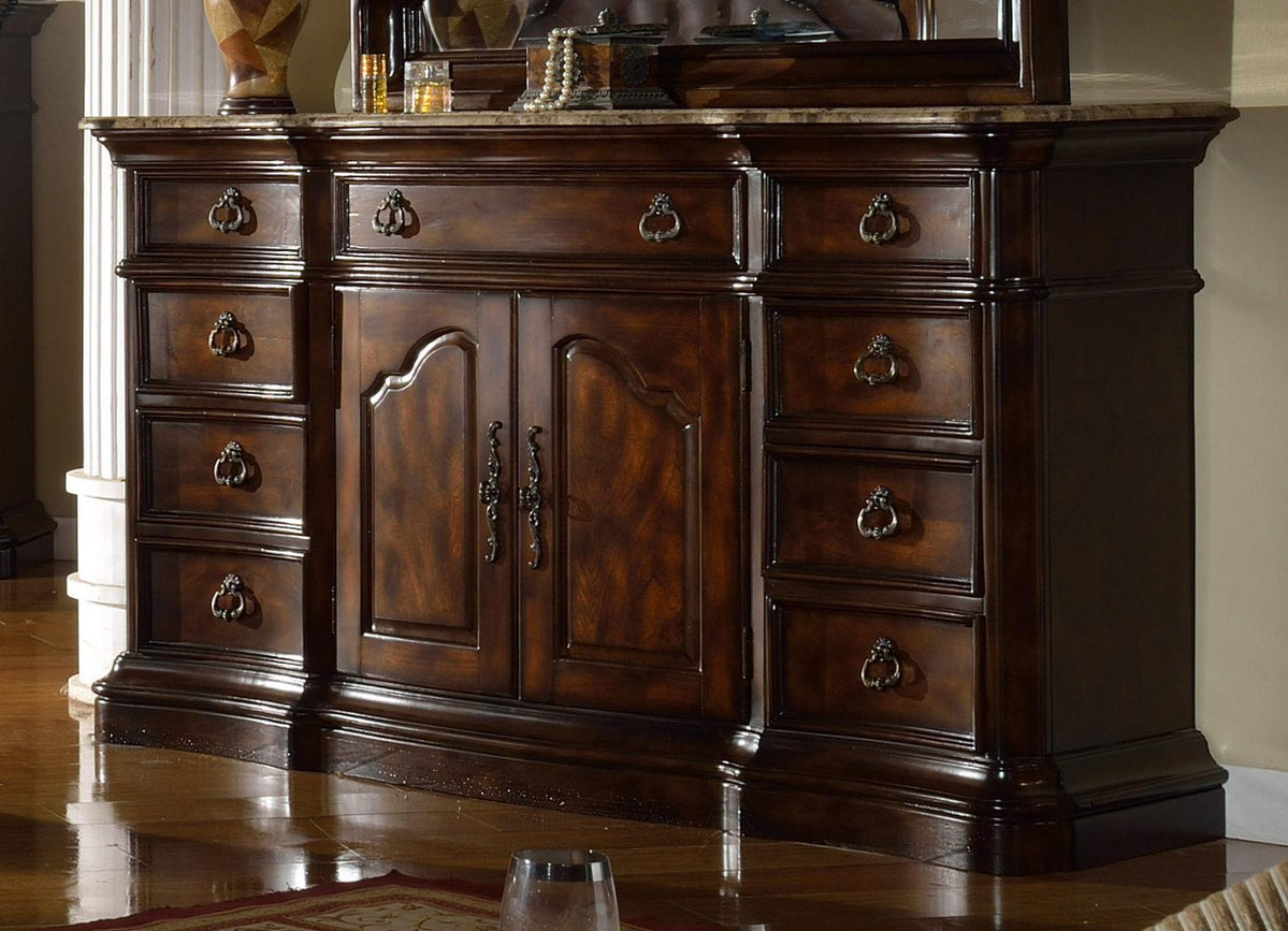 McFerran B6002 Traditional 9-Drawer Dresser - Carved Wood with Rich Br